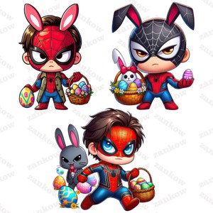 6 Superhero Boys Chibi Easter Cartoon Bundle Png, Cartoon Easter Png ...
