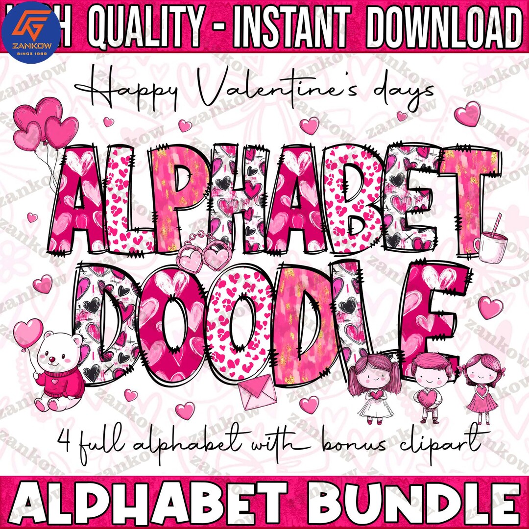 Pink Valentine Alpha Doodle Set Png Bundle, Valentine Heart ABC ...