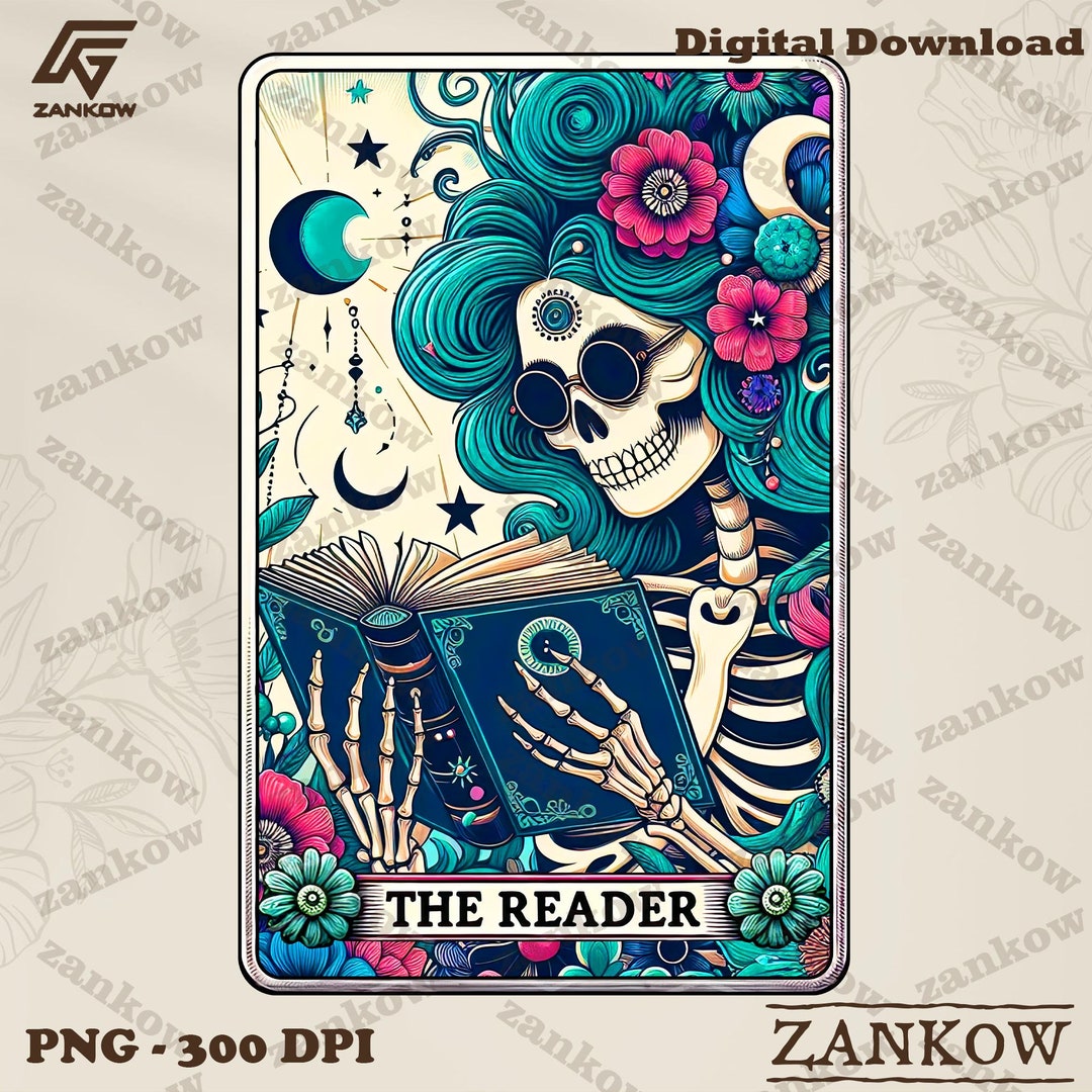 The Reader Tarot Card PNG, Reading Skeleton Sublimation Design, Book ...