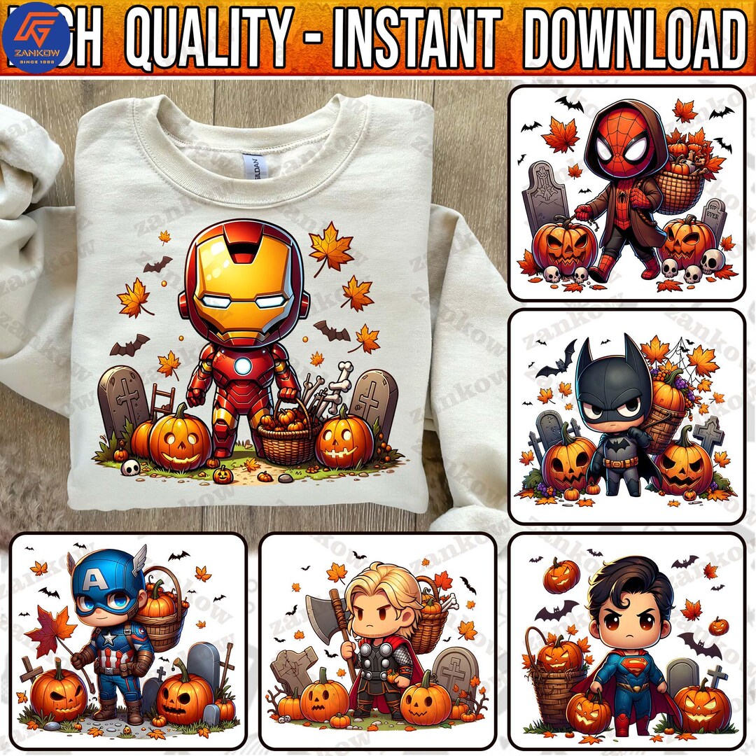 Halloween Cartoon Superhero Png Bundle, Trick or Treat Bag Design Png ...