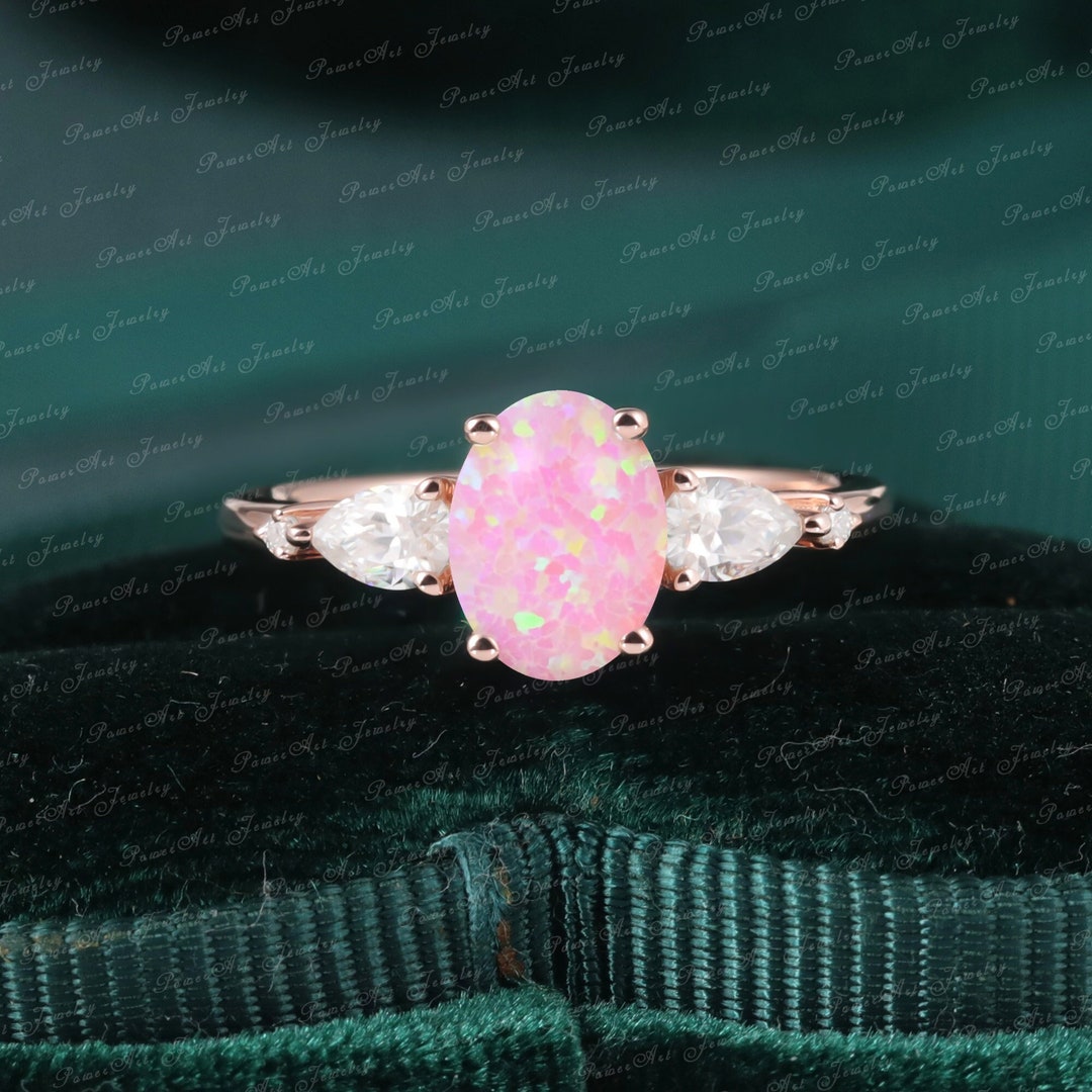 Oval Cut Pink Opal Engagement Ring Promise Ring 14K 18K Solid - Etsy