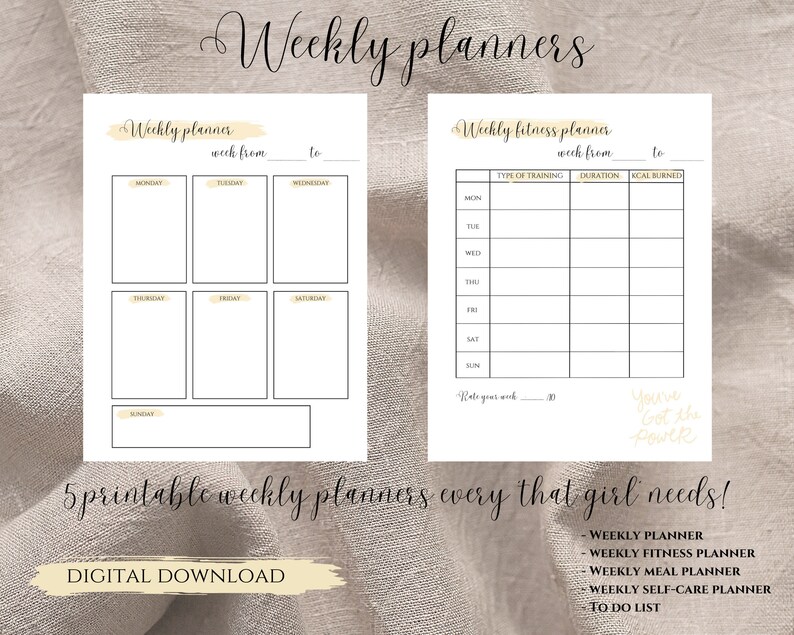 Elegant Weekly Planner, to Do List, Weekly Fitness Planner, Weekly Meal ...