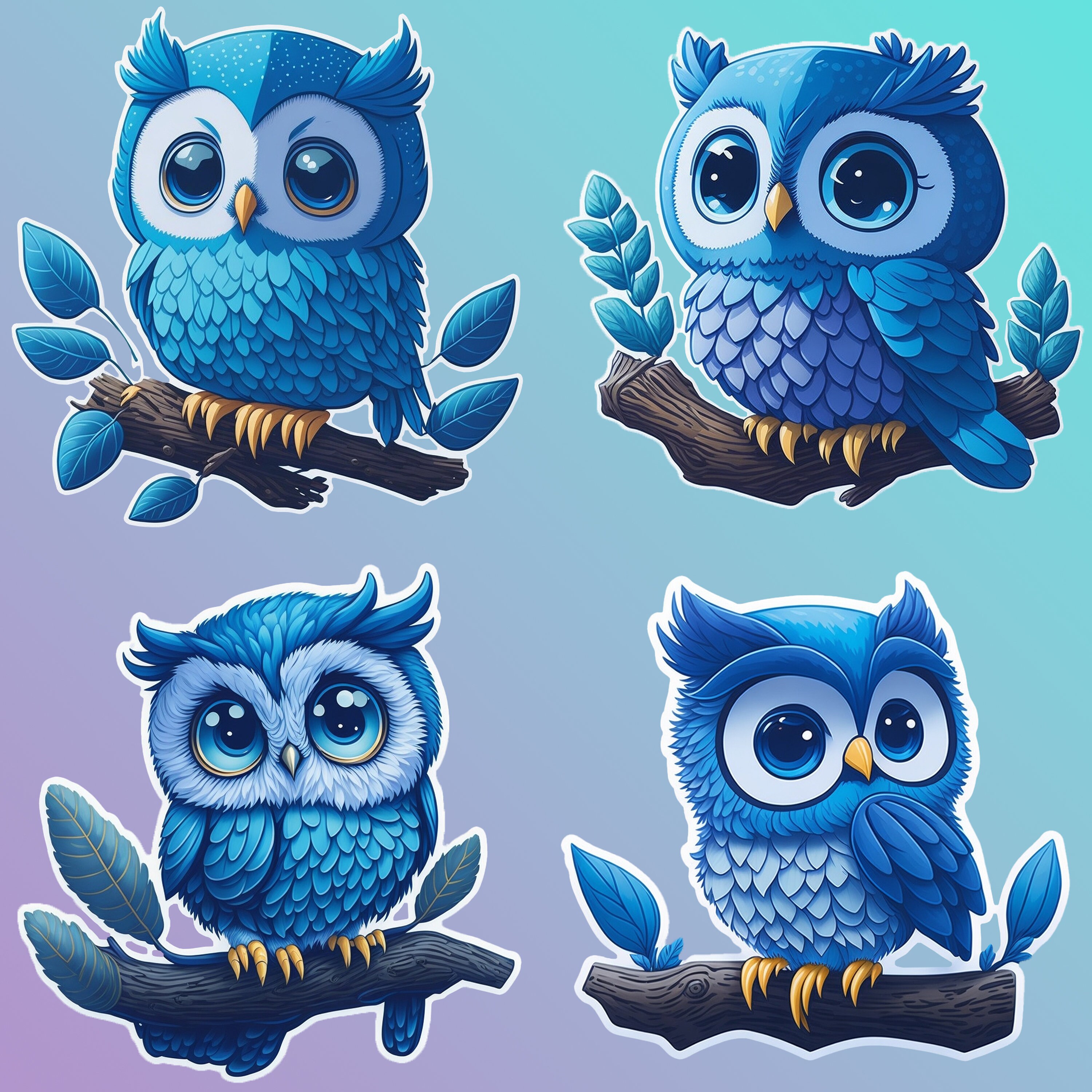 Cute Blue Owl Stickers, Printable Blue Owl Stickers, Cute Blue Owl ...