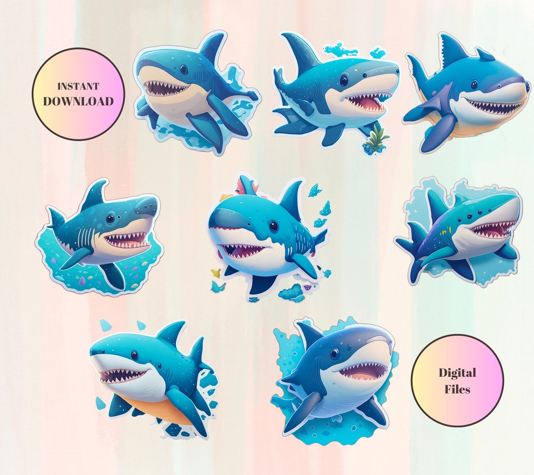 Cute Shark Sticker Bundle, Cute Shark PNG, Cute Shark Digital ...