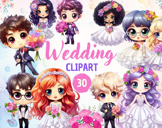 Chibi Clipart Couple, Chibi Couple Clipart, Couple Travel Chibi, Bride ...