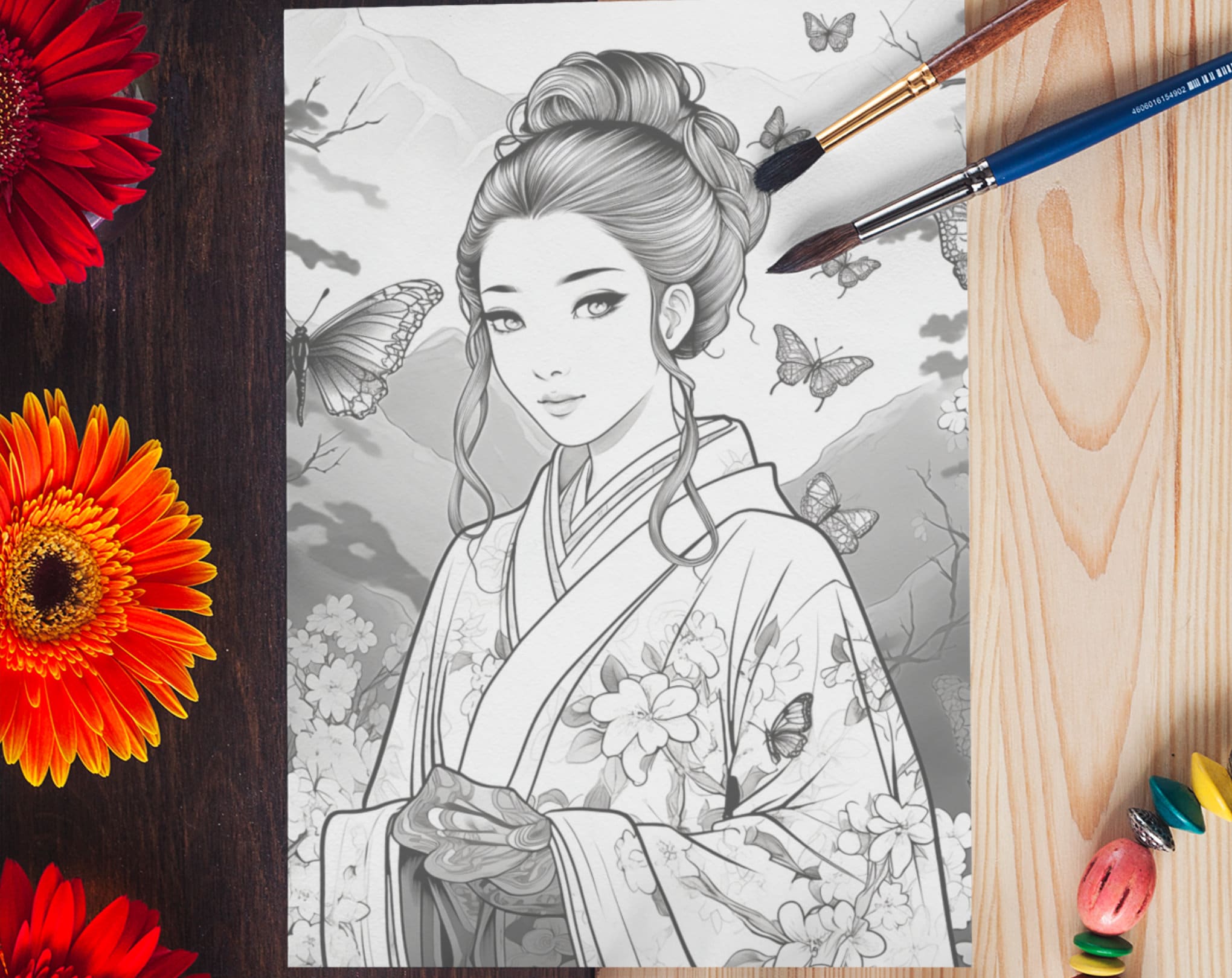 Geisha, Japanese Women Grayscale Coloring Book, 46 Coloring Pages ...