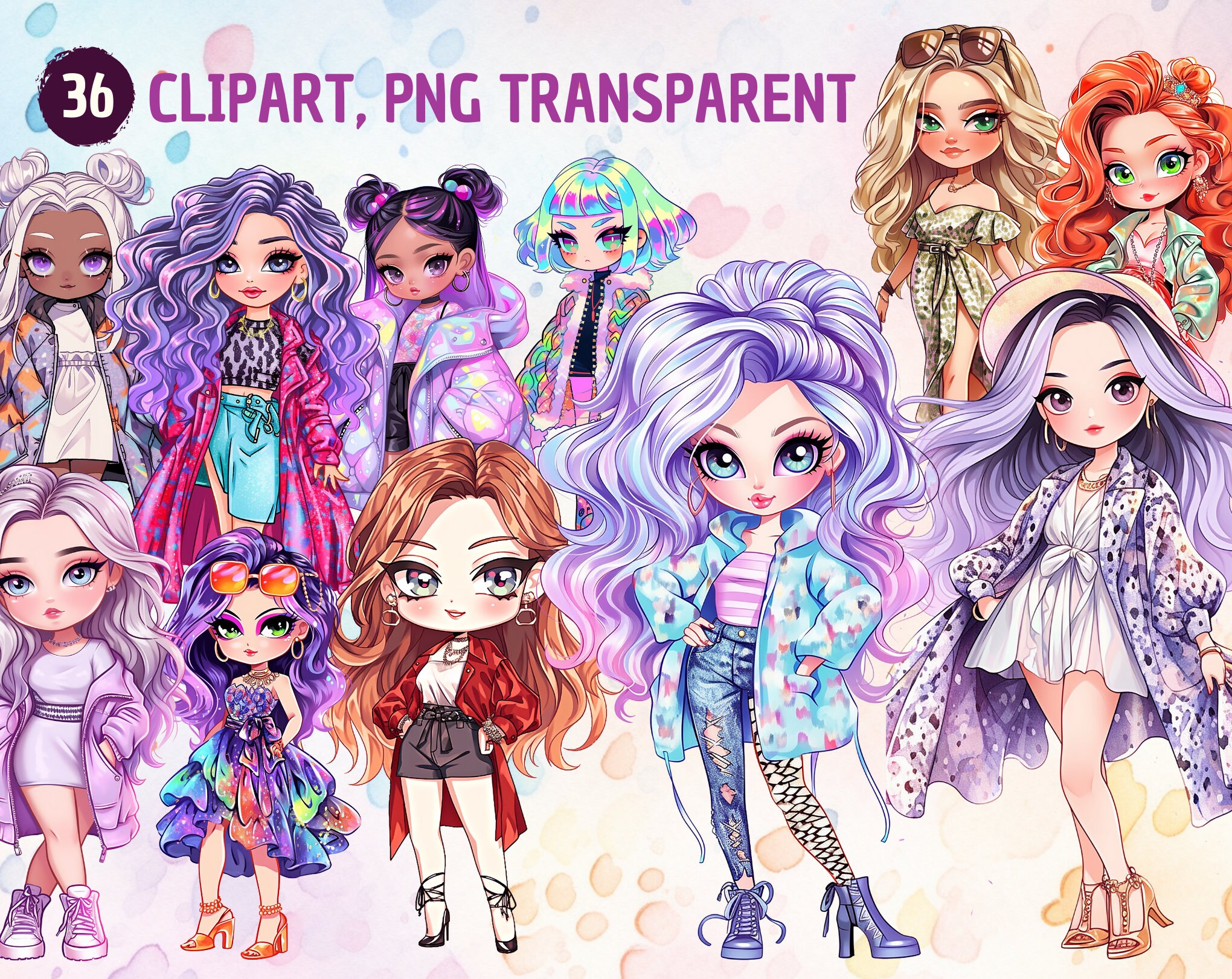 Cute Fashion Chibi Girls Clipart 36 Chibi Stickers, Chibi Clipart ...