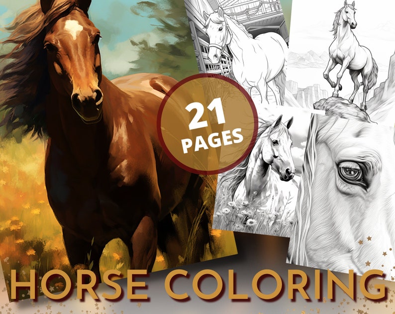 21 Realistic Horses Coloring Book Grayscale Adult and Kids - Etsy