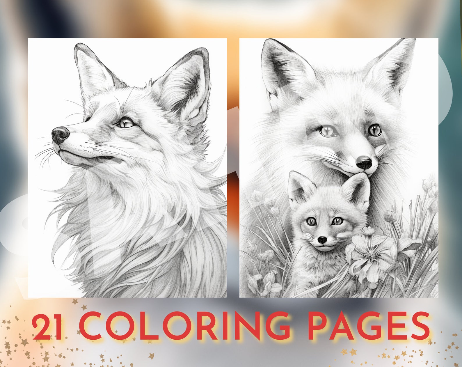 21 Realistic Foxes Coloring Book Adult and Kids Coloring, Grayscale ...