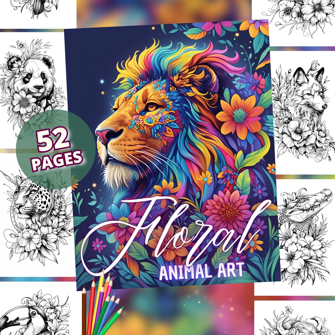 Floral Animal Art | 52 Coloring Pages, Coloring Book for Adults, Spring ...