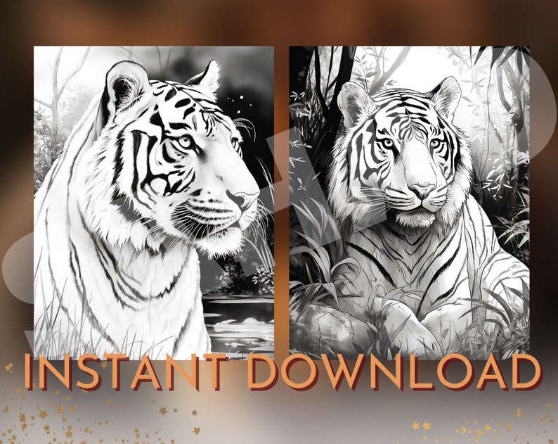 21 Realistic Tigers Coloring Book Adult and Kids Coloring, Grayscale ...