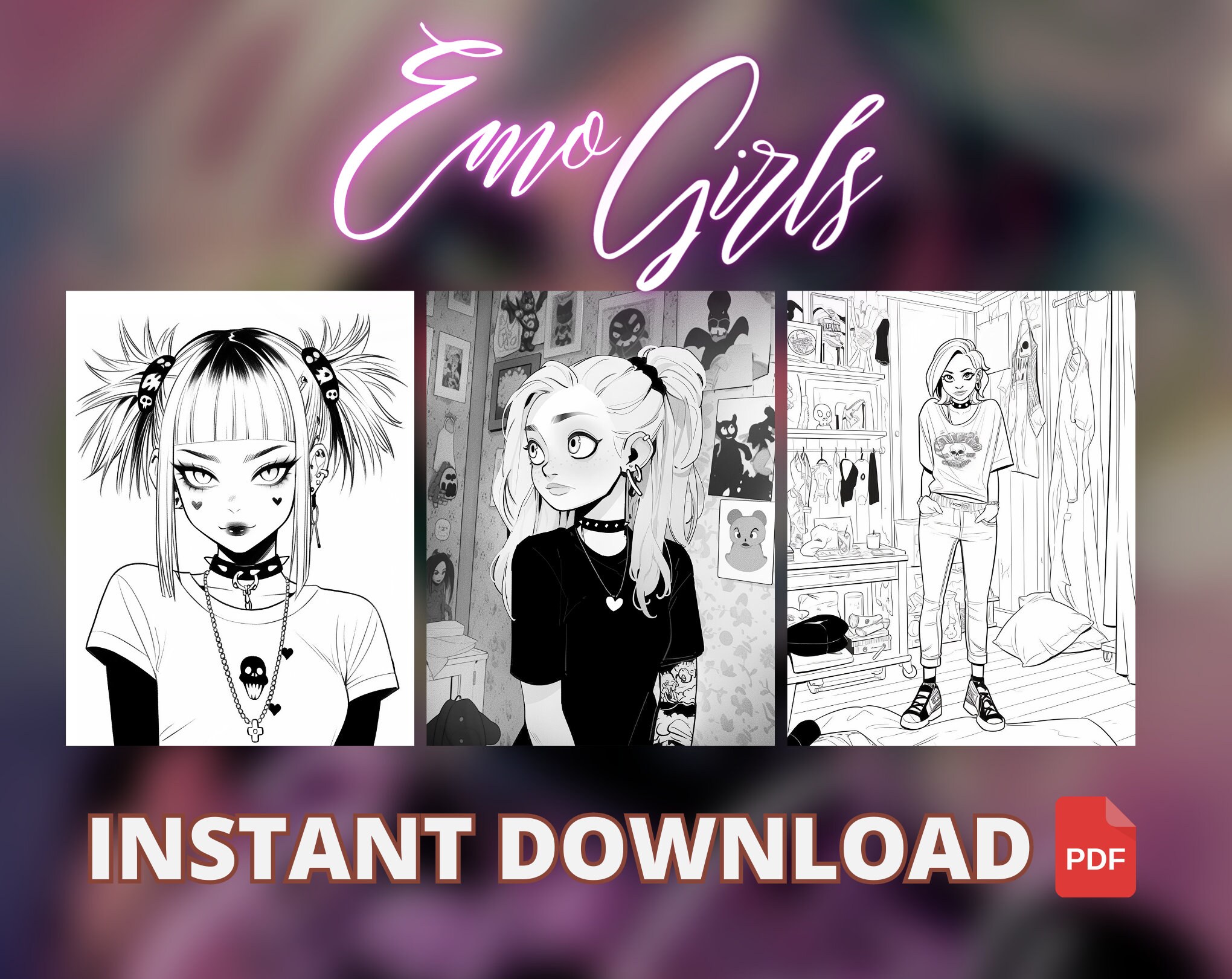 Emo Gothic Girls Coloring Book 50 Coloring Pages, Printable PDF, Creepy ...