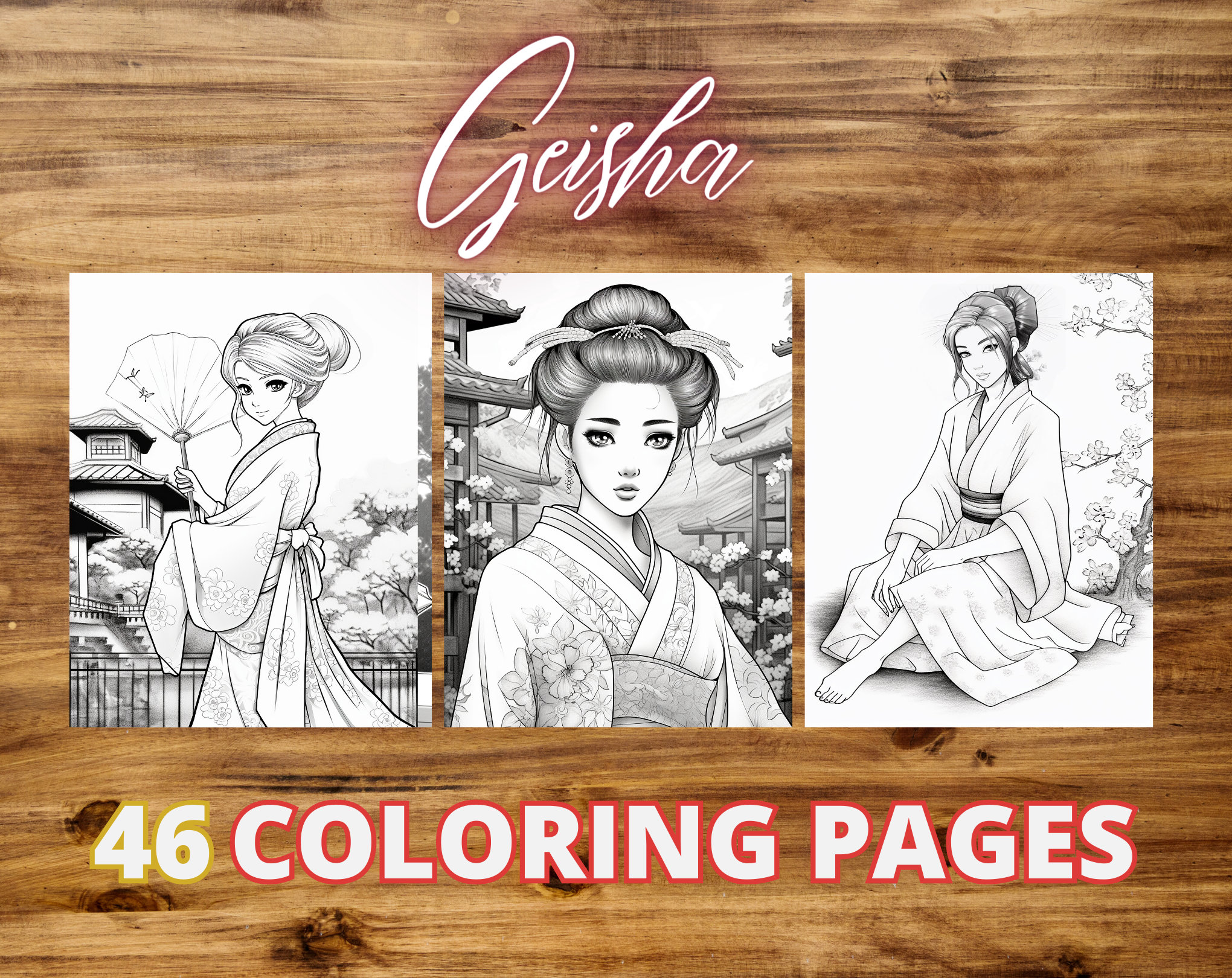Geisha, Japanese Women | Grayscale Coloring Book, 46 Coloring Pages ...