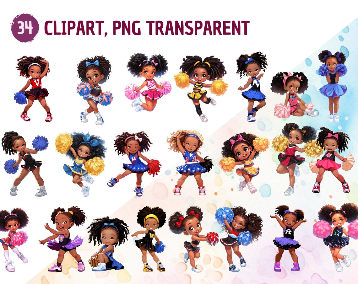 Black Girls Cheerleader Clipart: Afro Kids PNG Bundle (34 Files) - Etsy