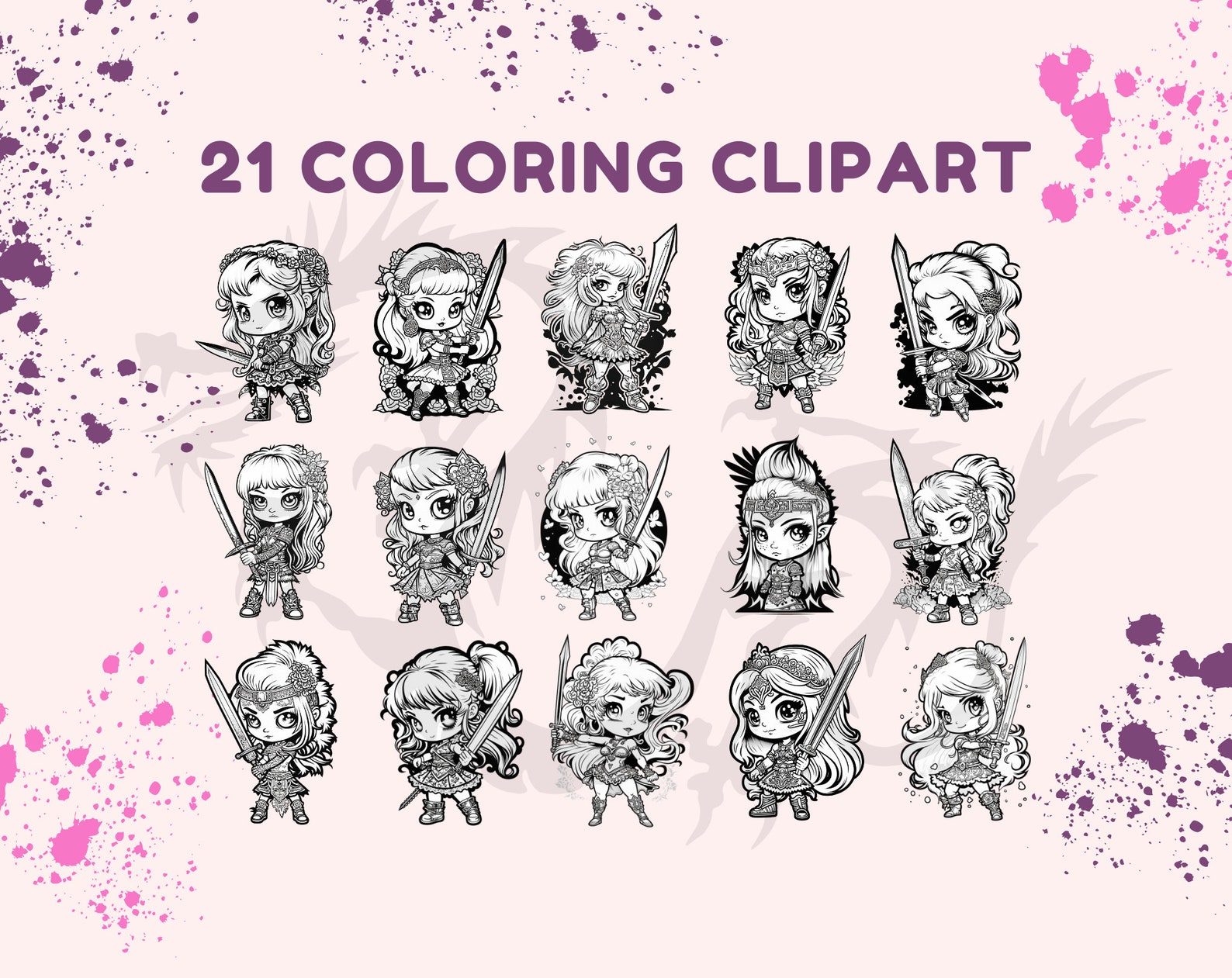 Chibi Warrior Kawaii Girls 21 Coloring Pages for Girls, Coloring Book ...