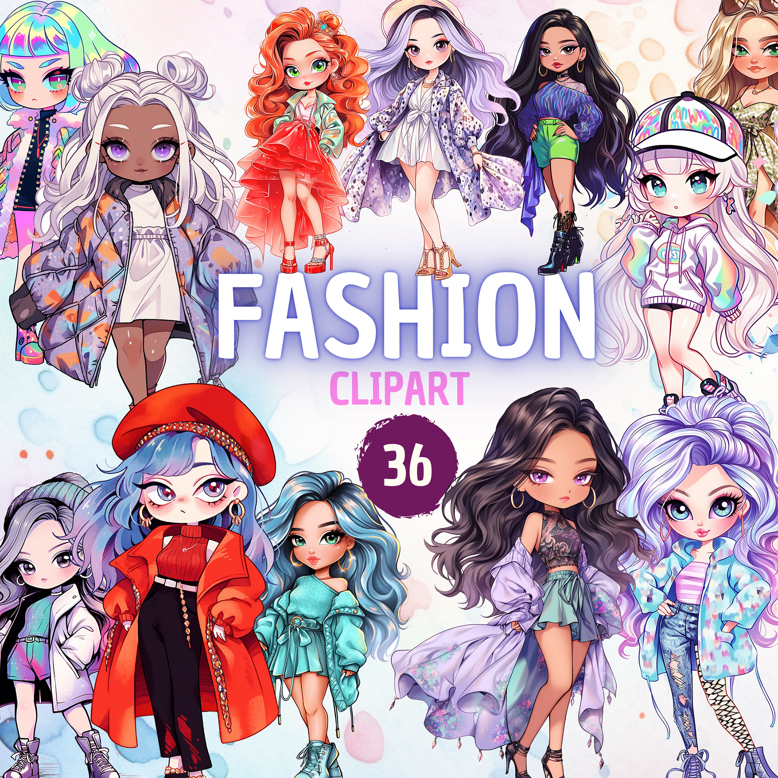 Cute Fashion Chibi Girls Clipart | 36 Chibi Stickers, Chibi Clipart ...