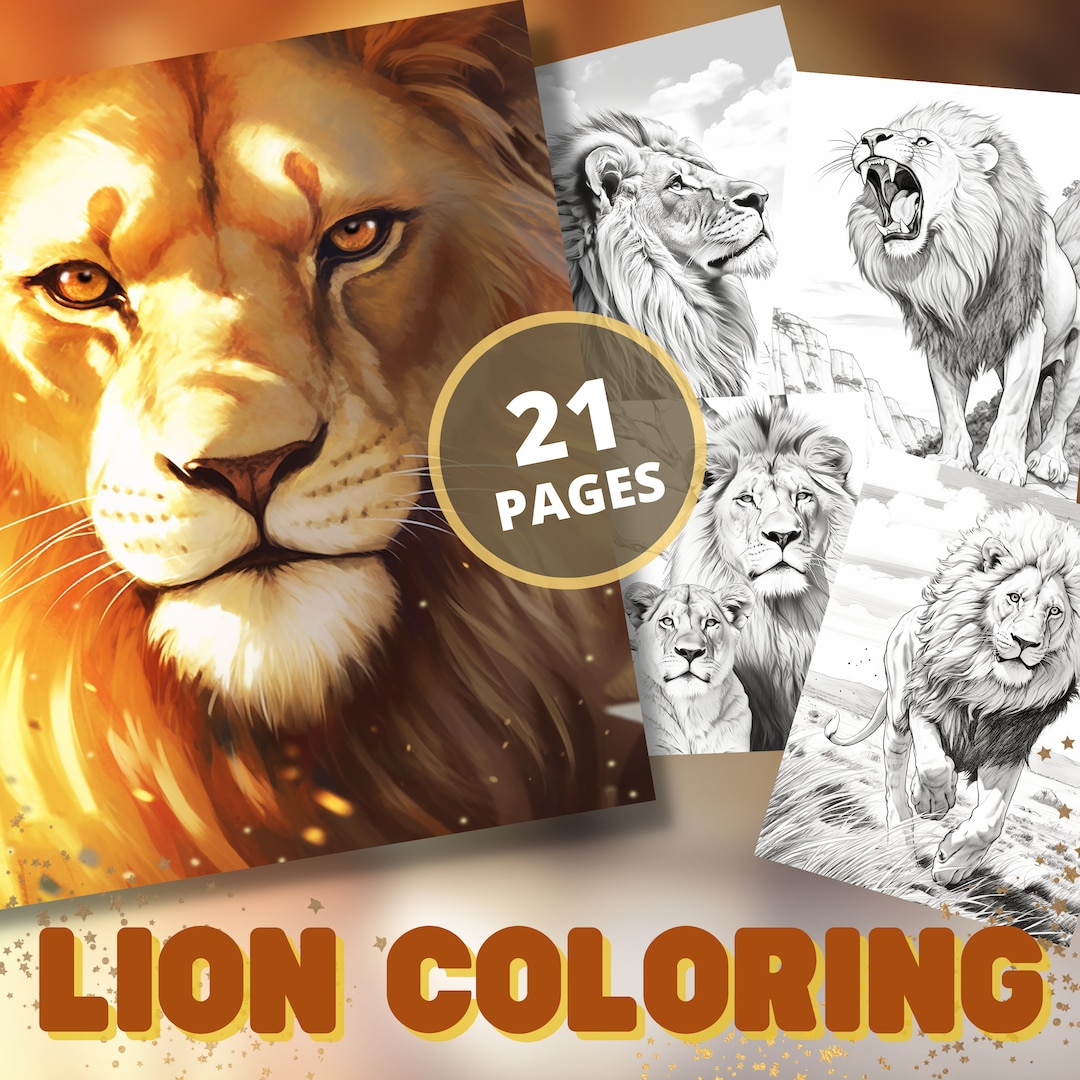 21 Realistic Lions Coloring Book | Grayscale, Adult and Kids Coloring ...