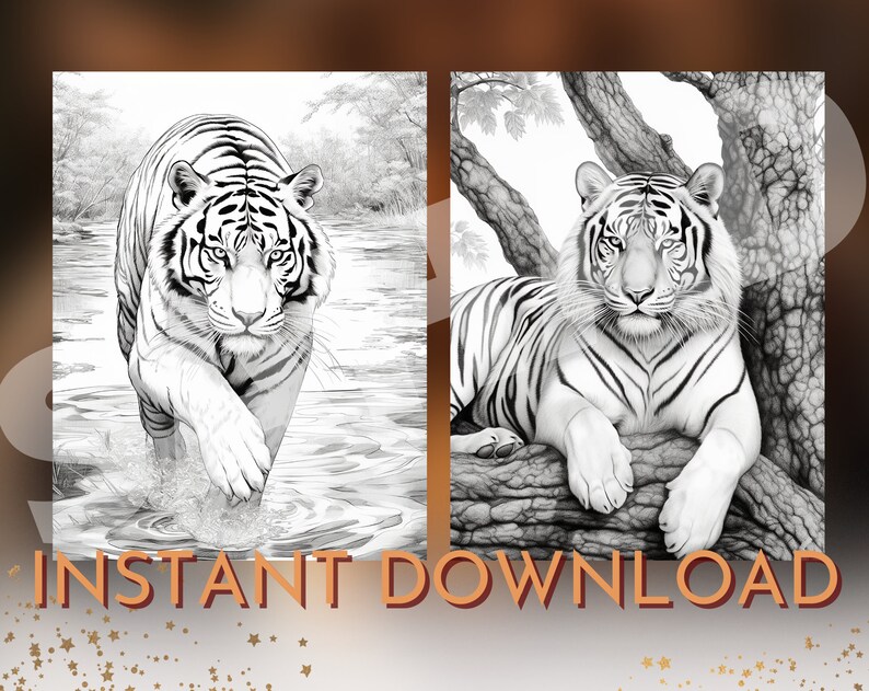 21 Realistic Tigers Coloring Book Adult and Kids Coloring, Grayscale ...