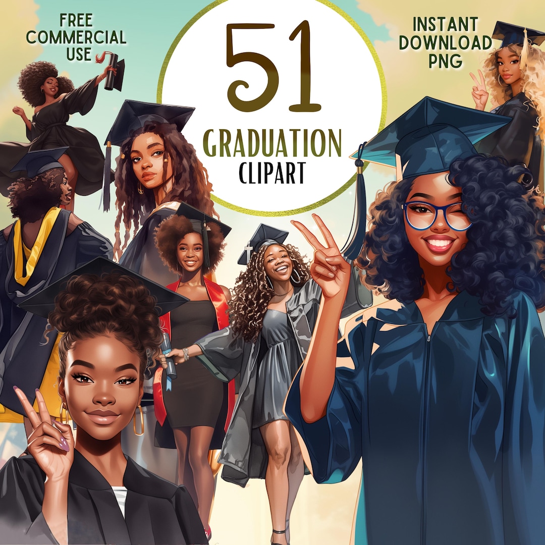 Black Girls Graduation Clipart: Watercolor African American Art ...