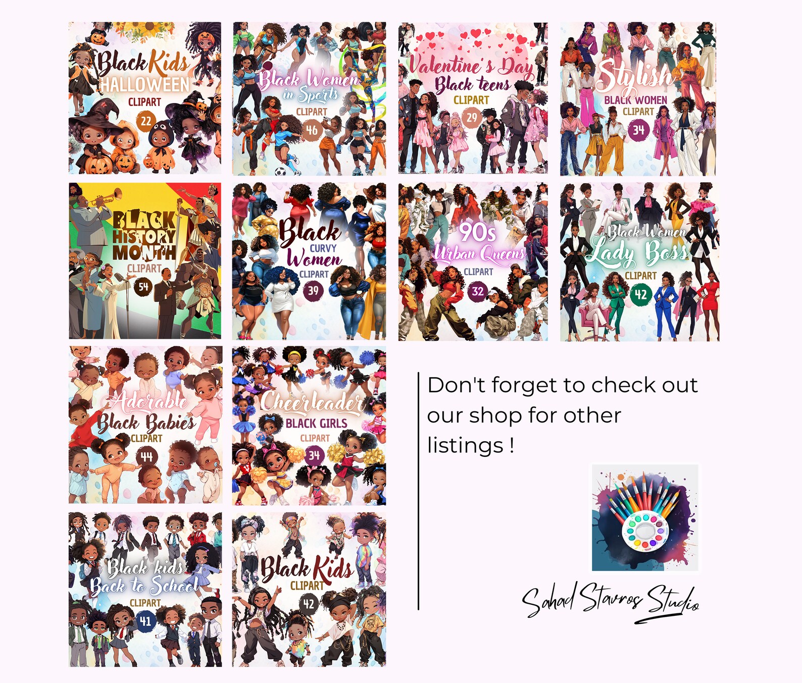 Black Kids Christmas Clipart Bundle: 70 PNG Illustrations (digital ...