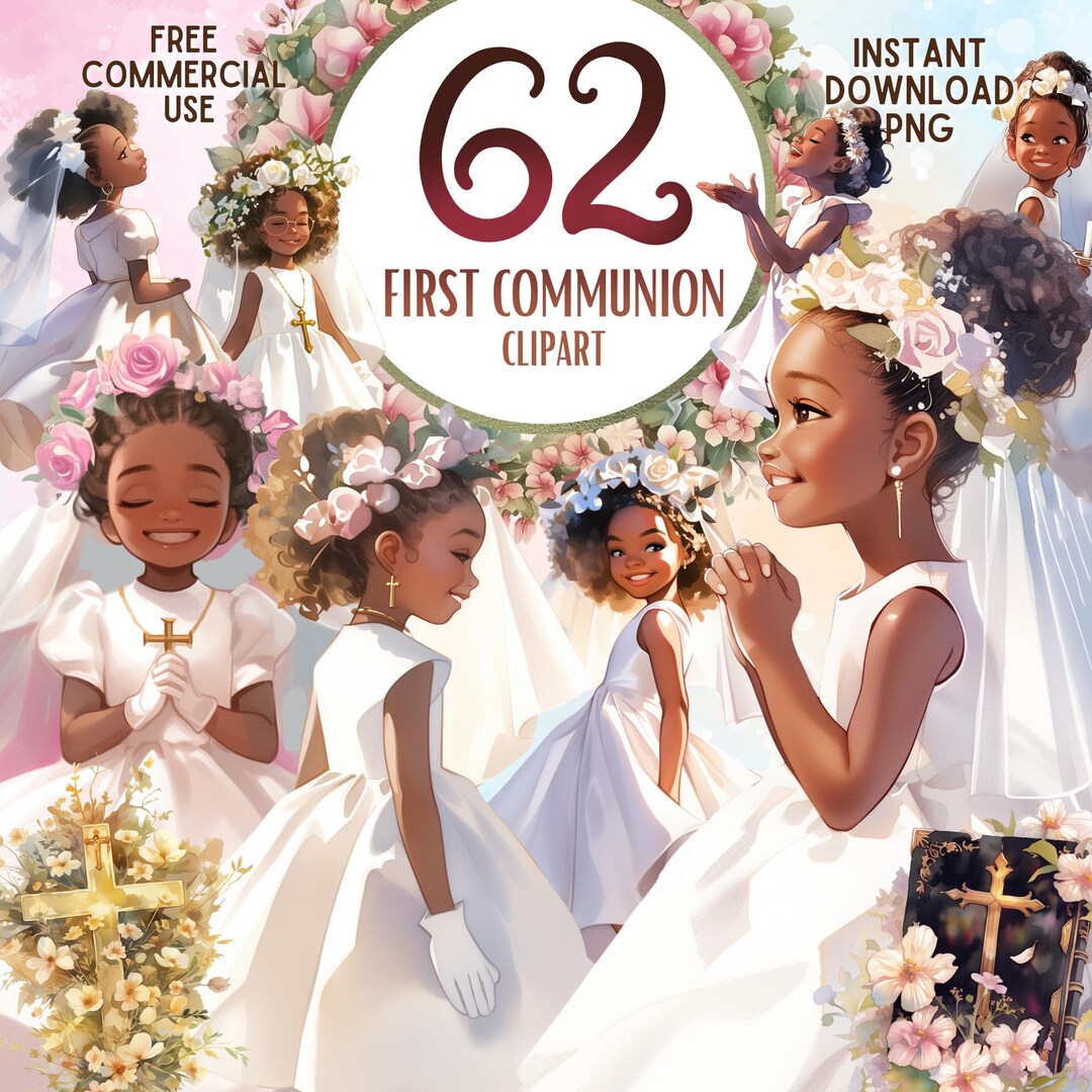 First Communion Clipart: Black Girl PNG, Watercolor Style (digital ...