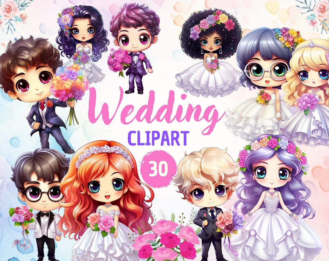 Cute Wedding Clipart, Bride and Groom | 30 Clipart Bundle, Chibi ...