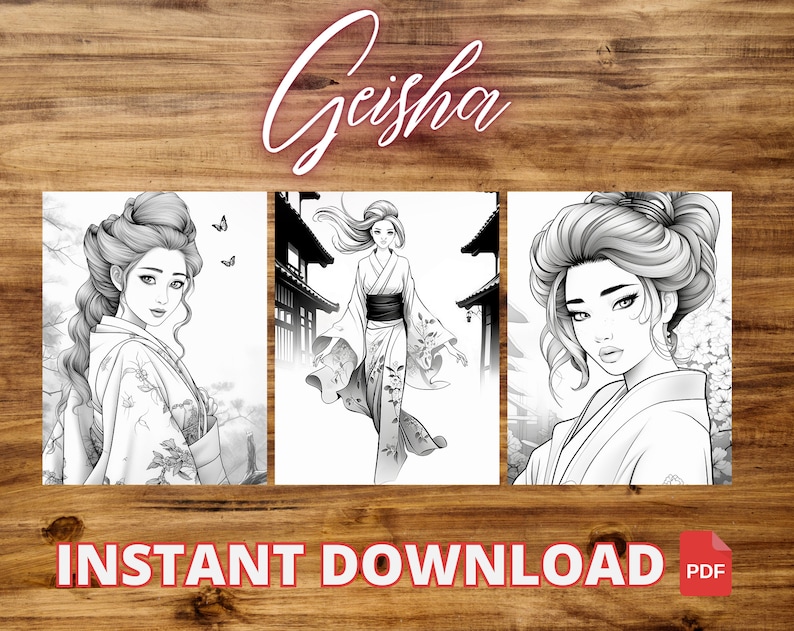 Geisha, Japanese Women | Grayscale Coloring Book, 46 Coloring Pages ...