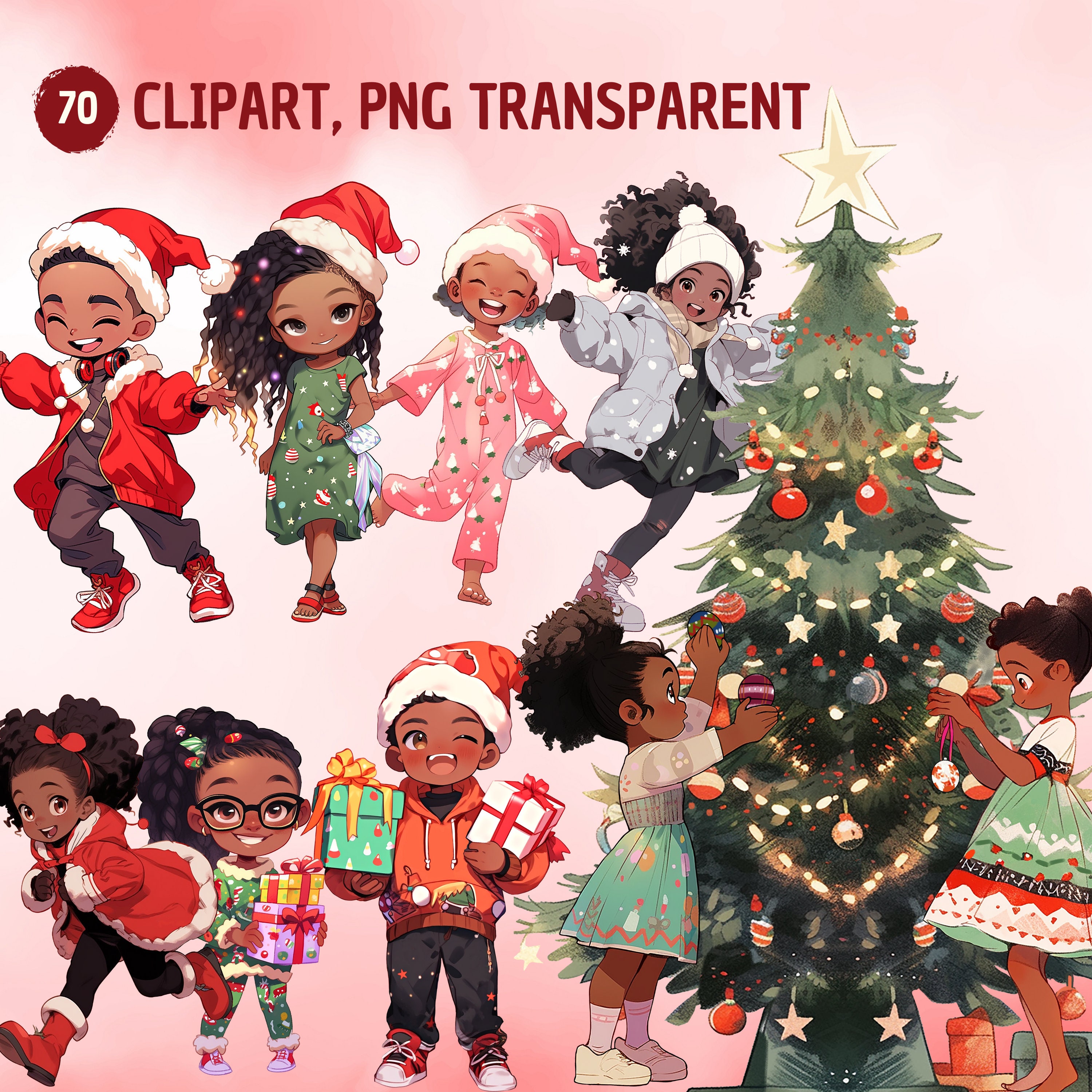 Black Kids Christmas Clipart Bundle 70 Cute Black Boys & Girls for DIY ...