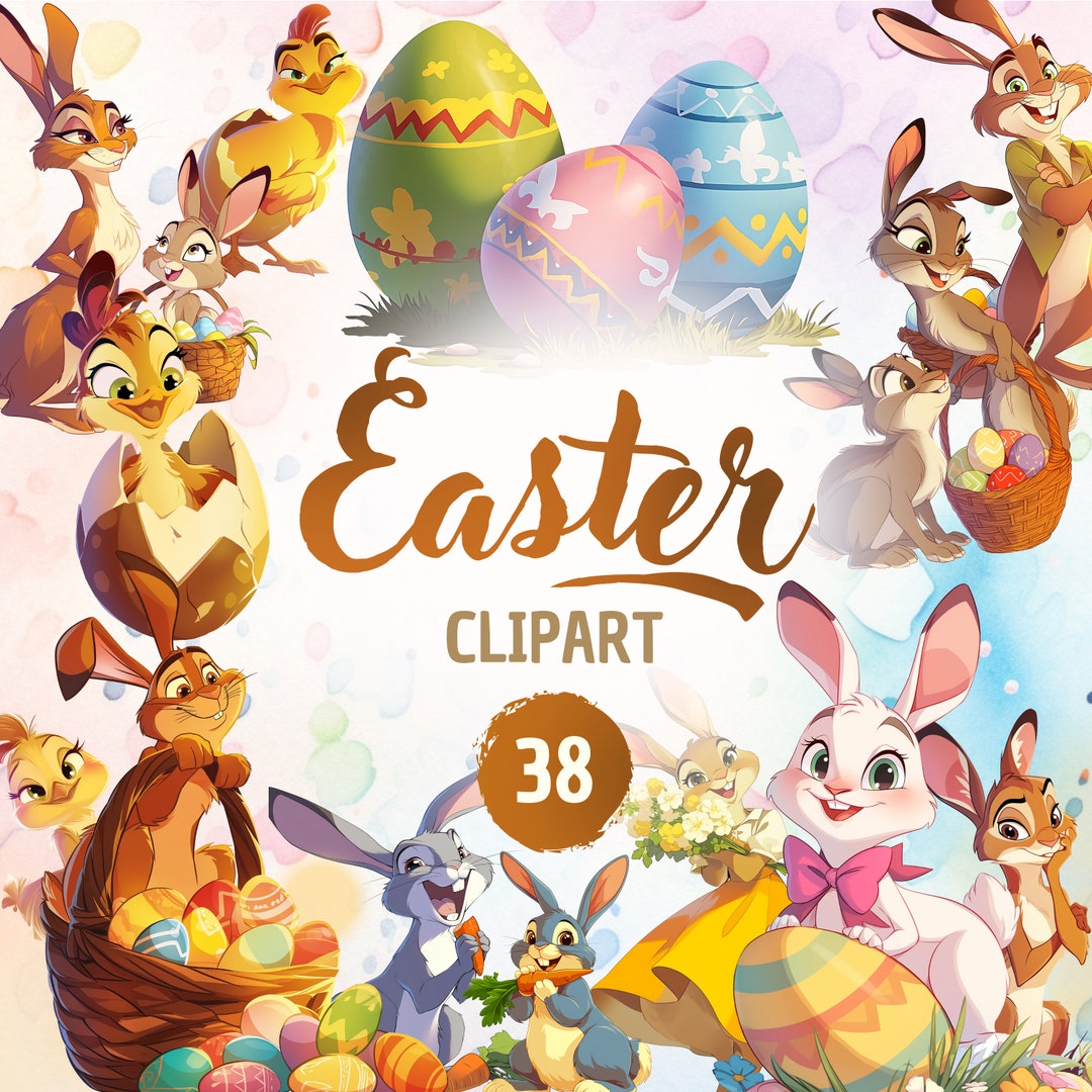 Easter Clipart Set - 38 PNG Bunnies, Decorated Eggs and Cheerful Chicks ...