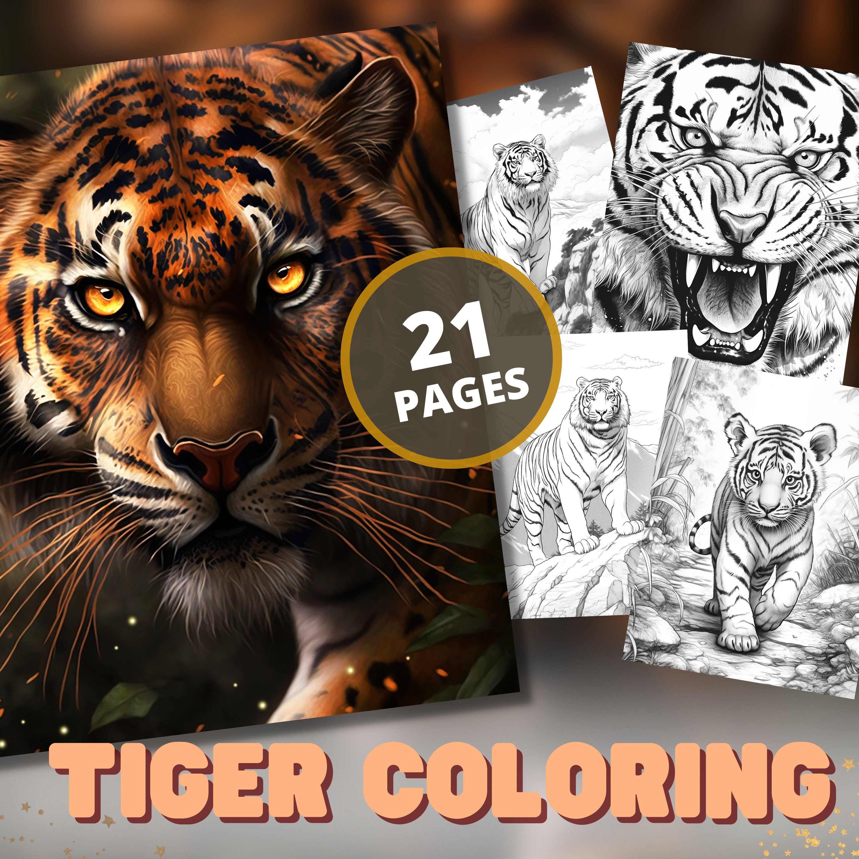 21 Realistic Tigers Coloring Book Adult and Kids Coloring, Grayscale ...
