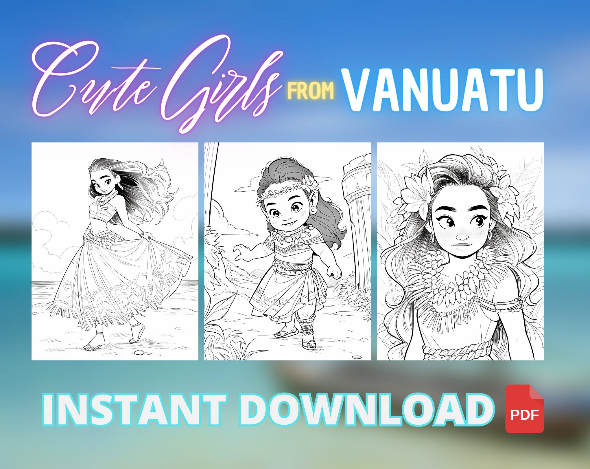 Polynesian Girls Coloring Pages: Vanuatu Grayscale Illustrations (PDF ...