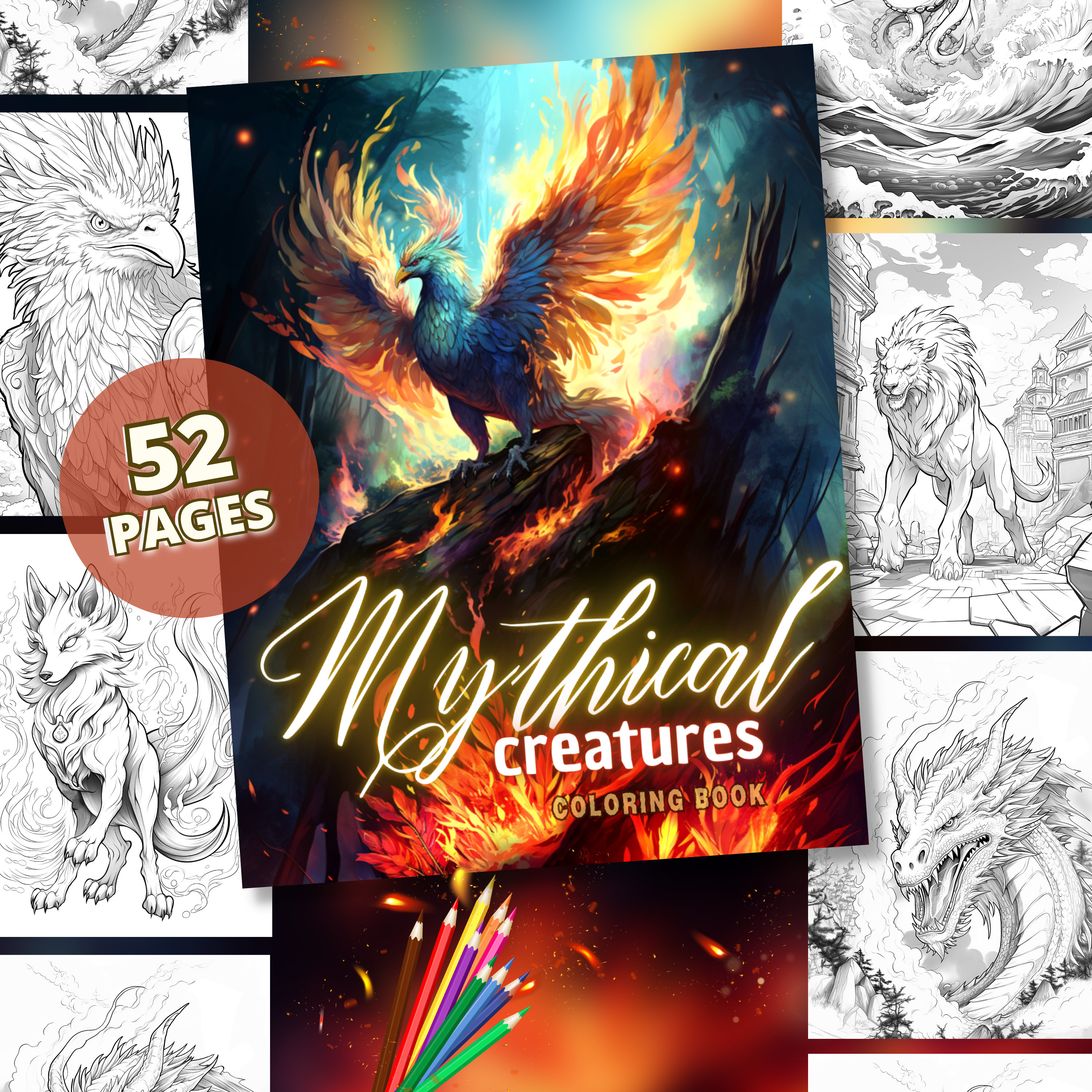 Mythical Creatures Fantasy Coloring Book 52 Whimsical - Etsy
