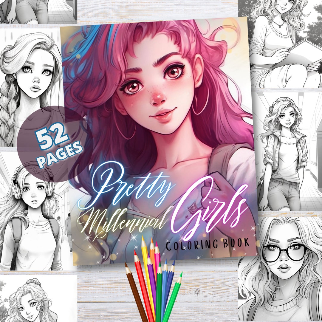 Pretty Millennial Girls | Grayscale Cute Girls Coloring Book, 52 ...