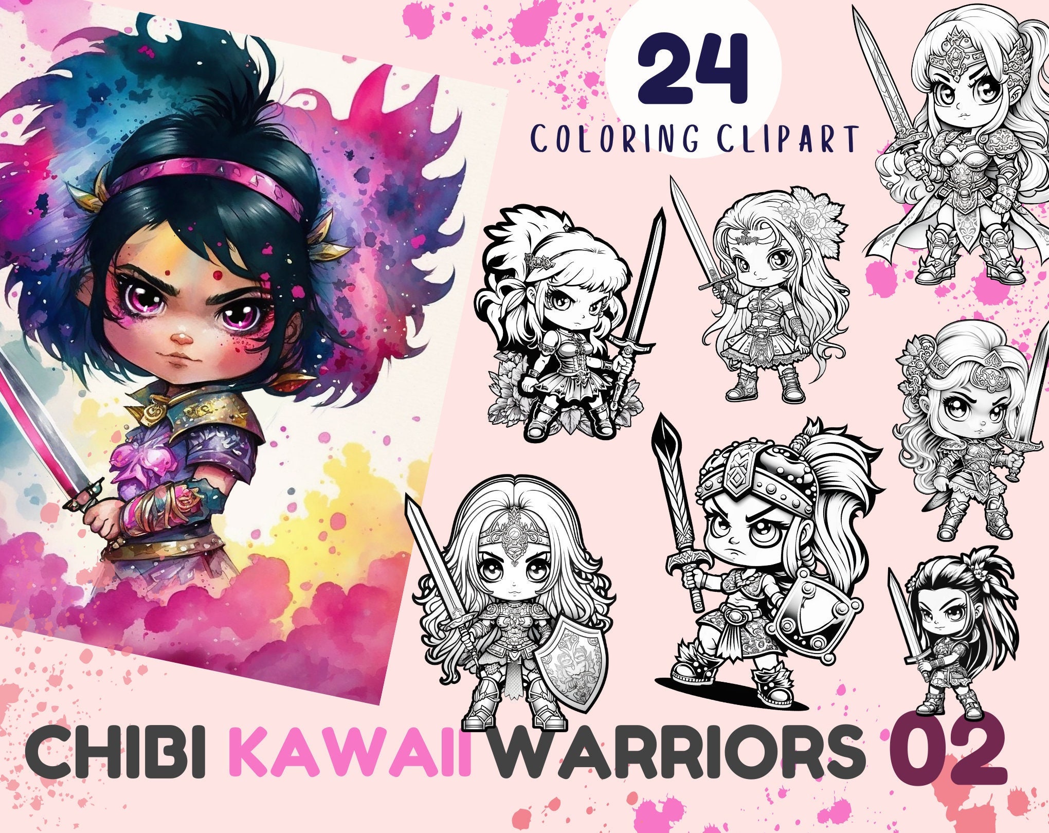 Chibi Warrior Kawaii Girls Vol.02 24 Coloring Pages for - Etsy