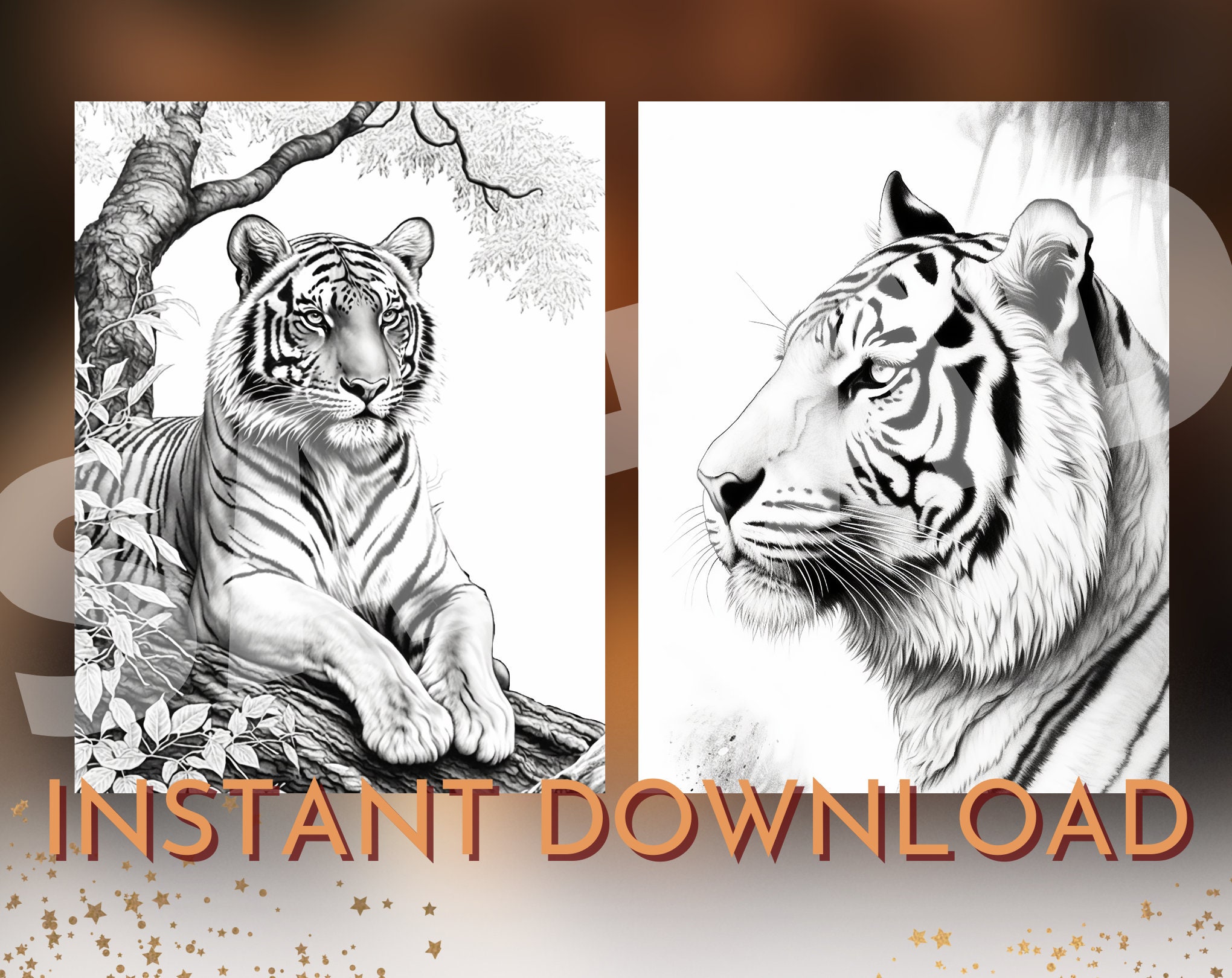 21 Realistic Tigers Coloring Book Adult and Kids Coloring, Grayscale ...