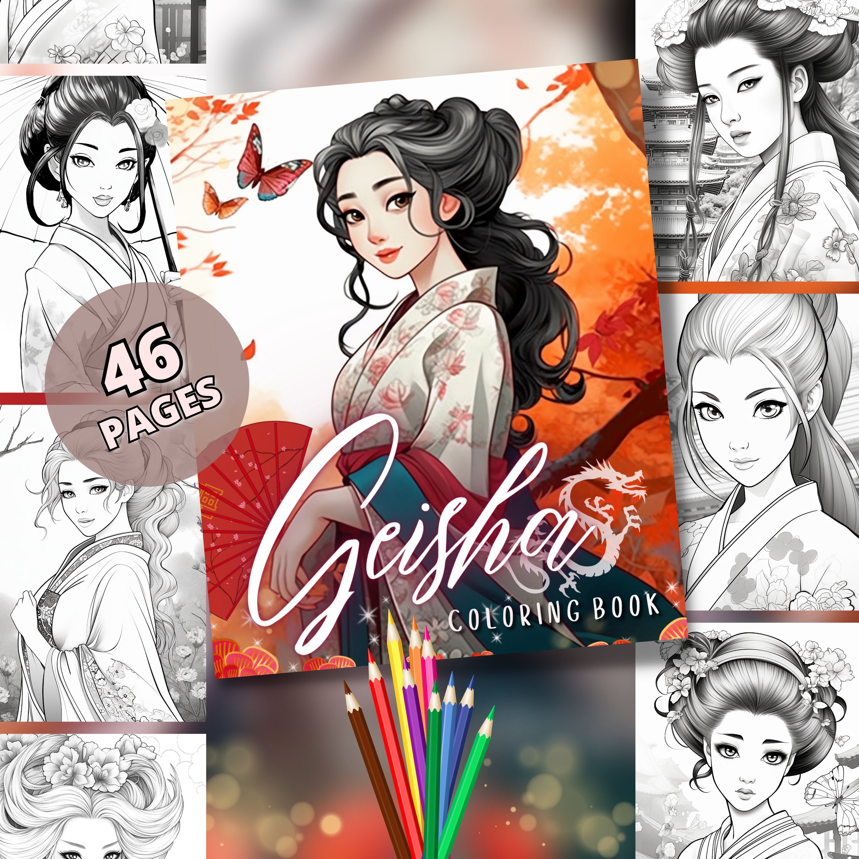 Geisha, Japanese Women Grayscale Coloring Book, 46 Coloring Pages ...