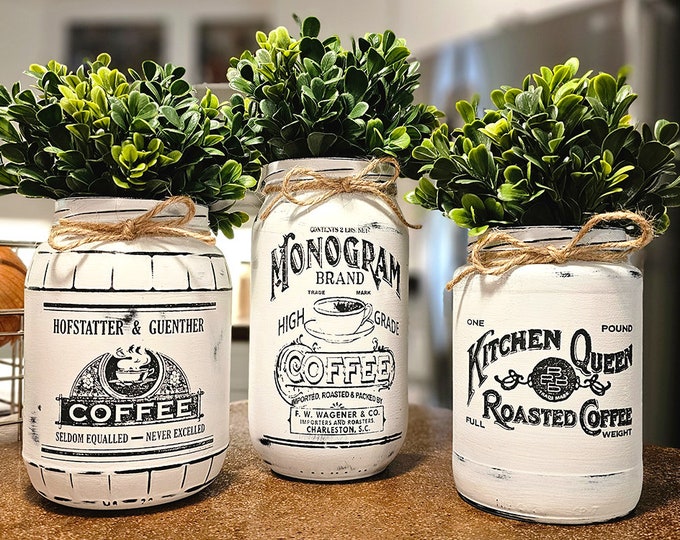 UPCYCLED - Vintage Farmhouse Painted Jar Vase (coffee) - Set of 3 ...