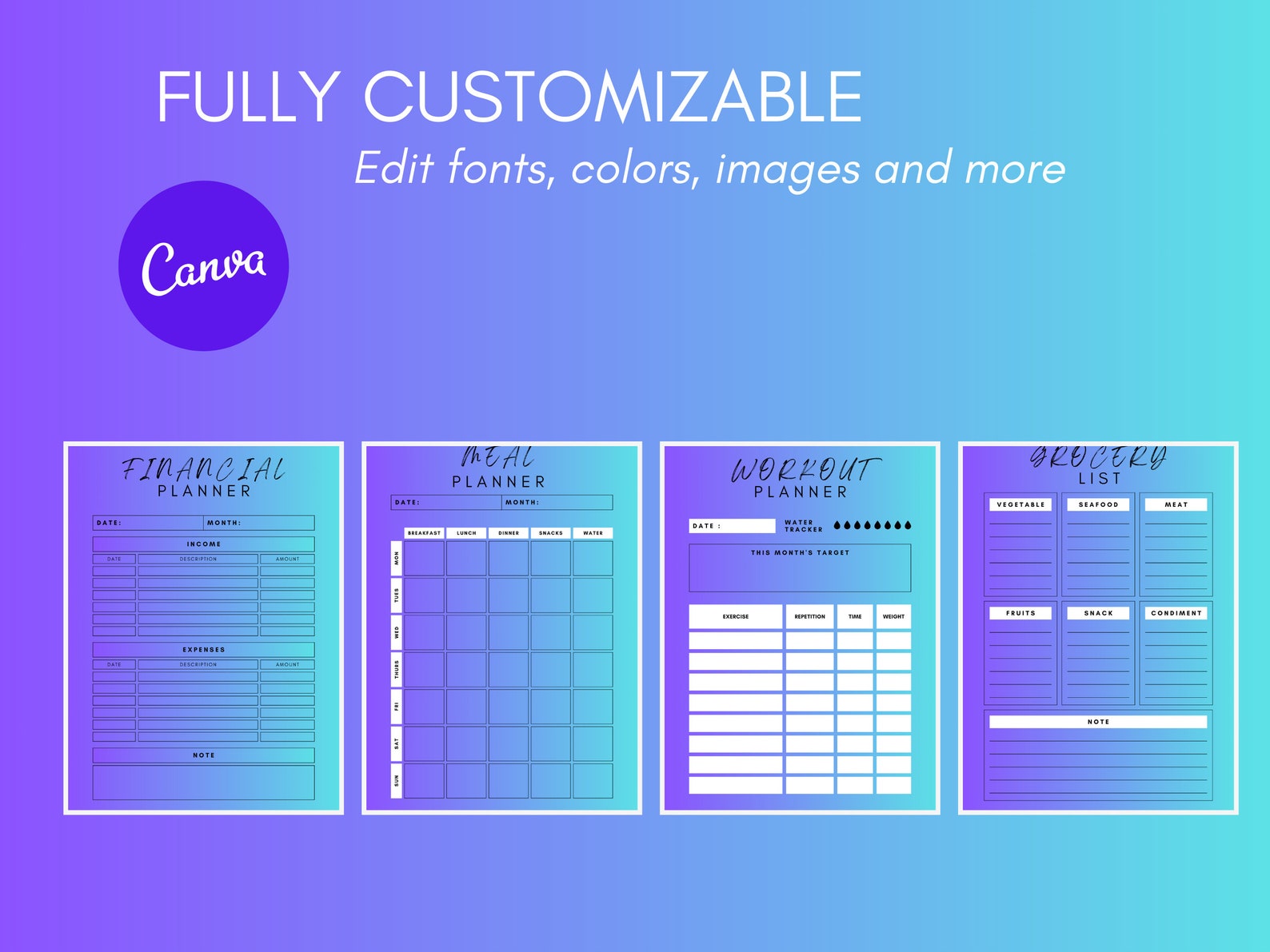 Editable Ultimate Planner | Canva Template | Purple Ocean Planner for ...