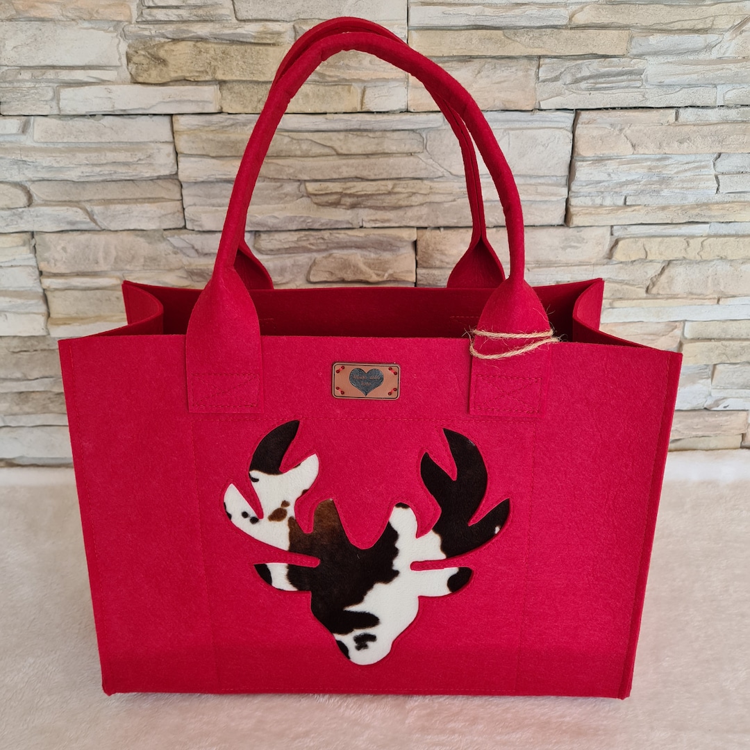 Red Felt Bag With Deer, Traditional Bag, Red Shopper Made of Felt, - Etsy