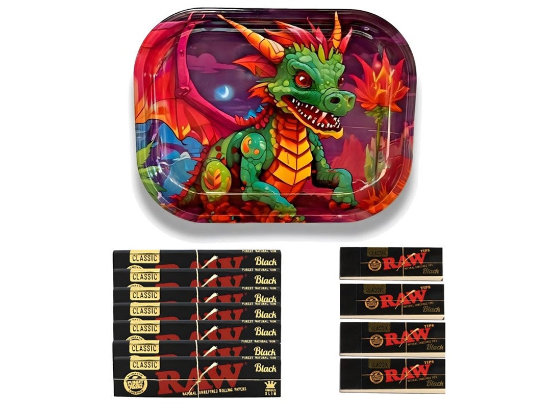 Rolling Tray Gift Set Dragon Tray Gift Kit RAW Black King Size Rolling ...