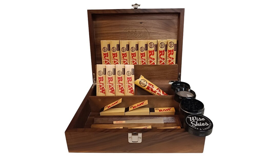 Rolling Box Gift Set Wise Skies Walnut Deluxe Rolling Box RAW Rolling Paper Kit - Etsy