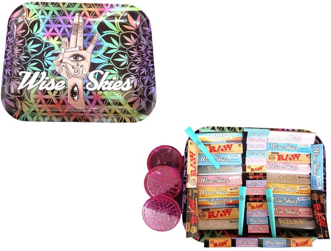 Wise Skies Deluxe Metal Rolling Tray Set: RAW Rolling Papers, Tips, and ...