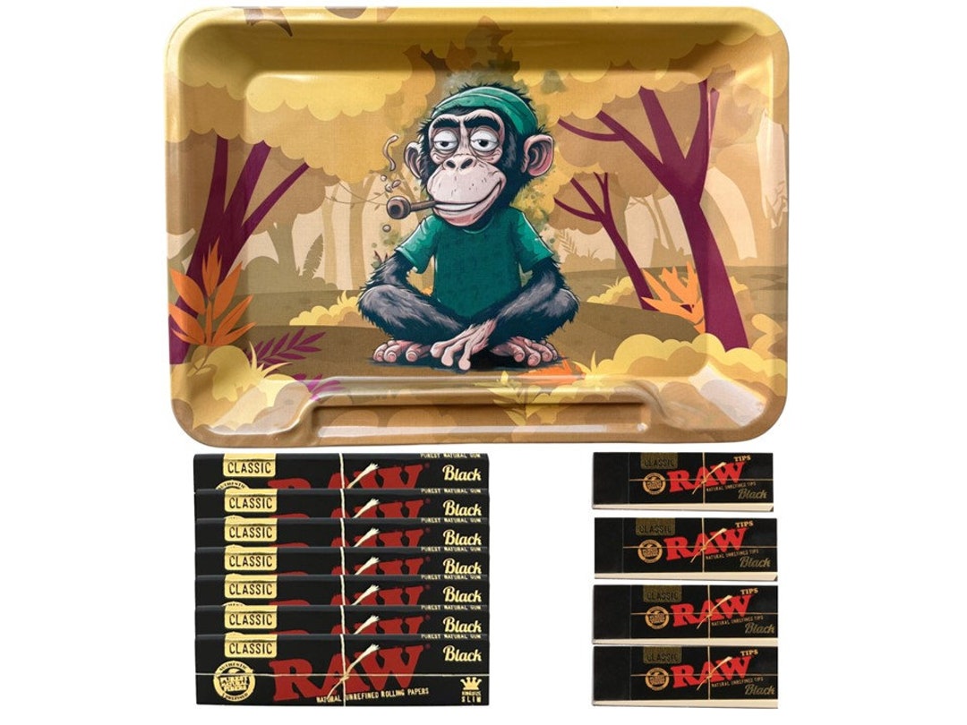 Monkey Rolling Tray Gift Set Black Classic Rolling Papers RAW Tips ...