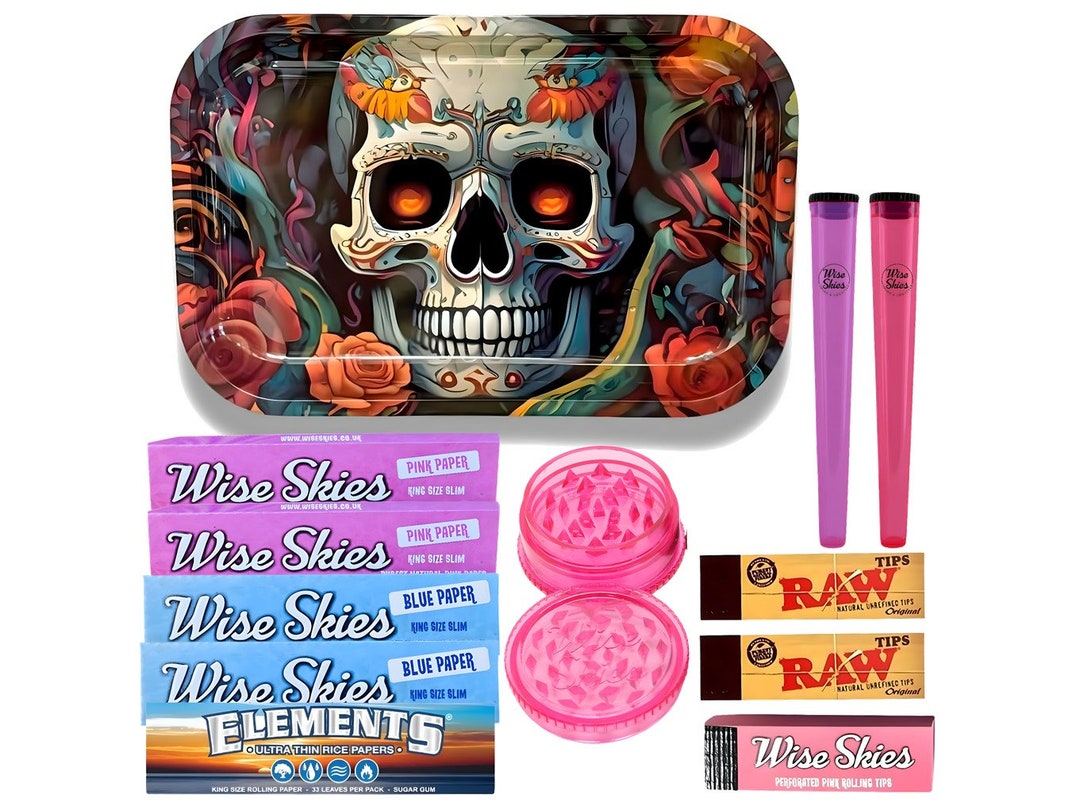 Skull and Rose Design Rolling Tray Set Wise Skies Pink and Blue Rolling ...