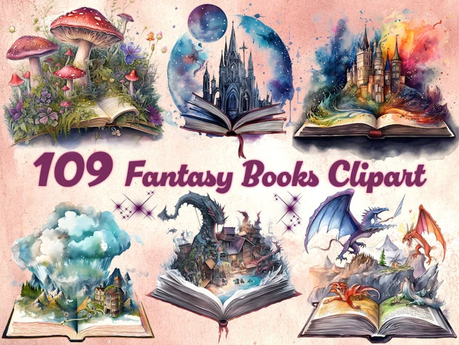 Fantasy Books Clipart, Open Book Clip Art, 109 PNG Watercolor Book ...