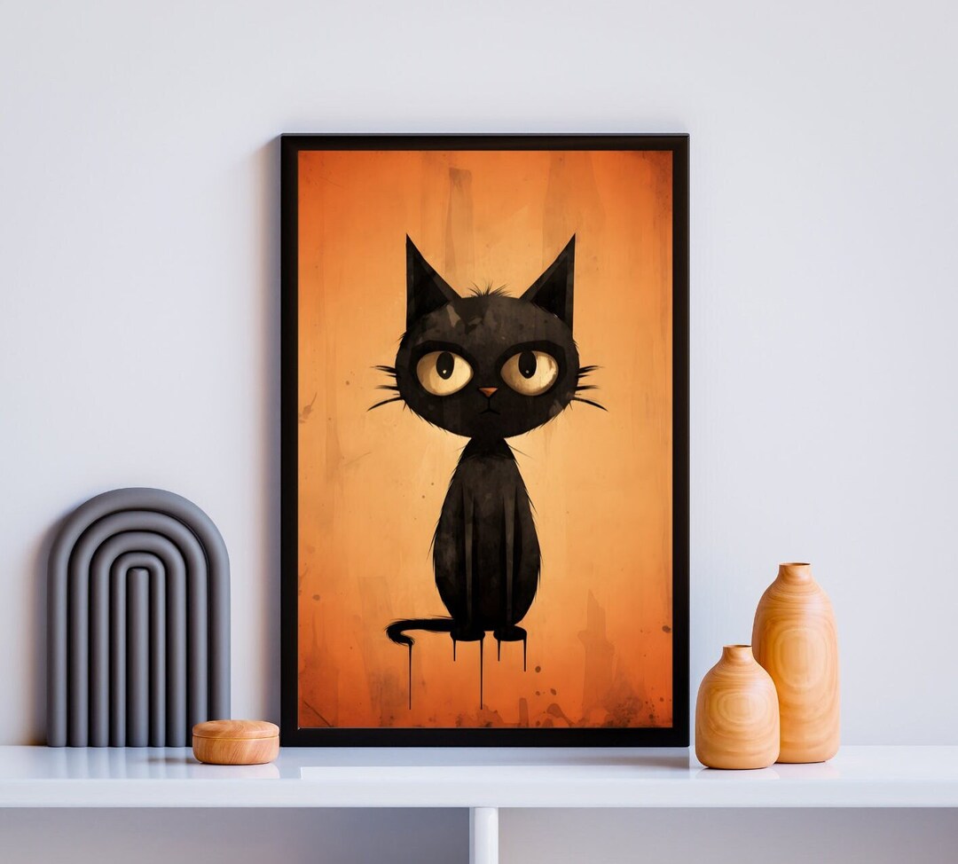 Black Cat, Mid Century Modern Black Cat Art Print, Vintage Black Cat ...