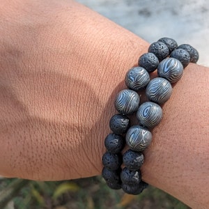 Damascus and Lava Stone Beads Bracelet, Bracelet for Men Elastic ...