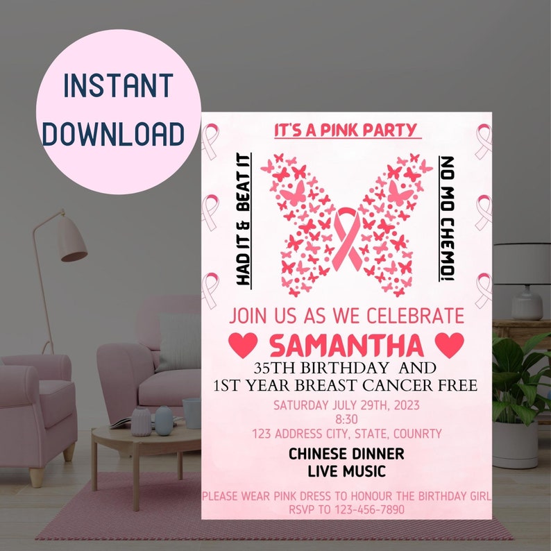 Breast Cancer Survivor Invitation Template, Editable Pink Ribbon ...