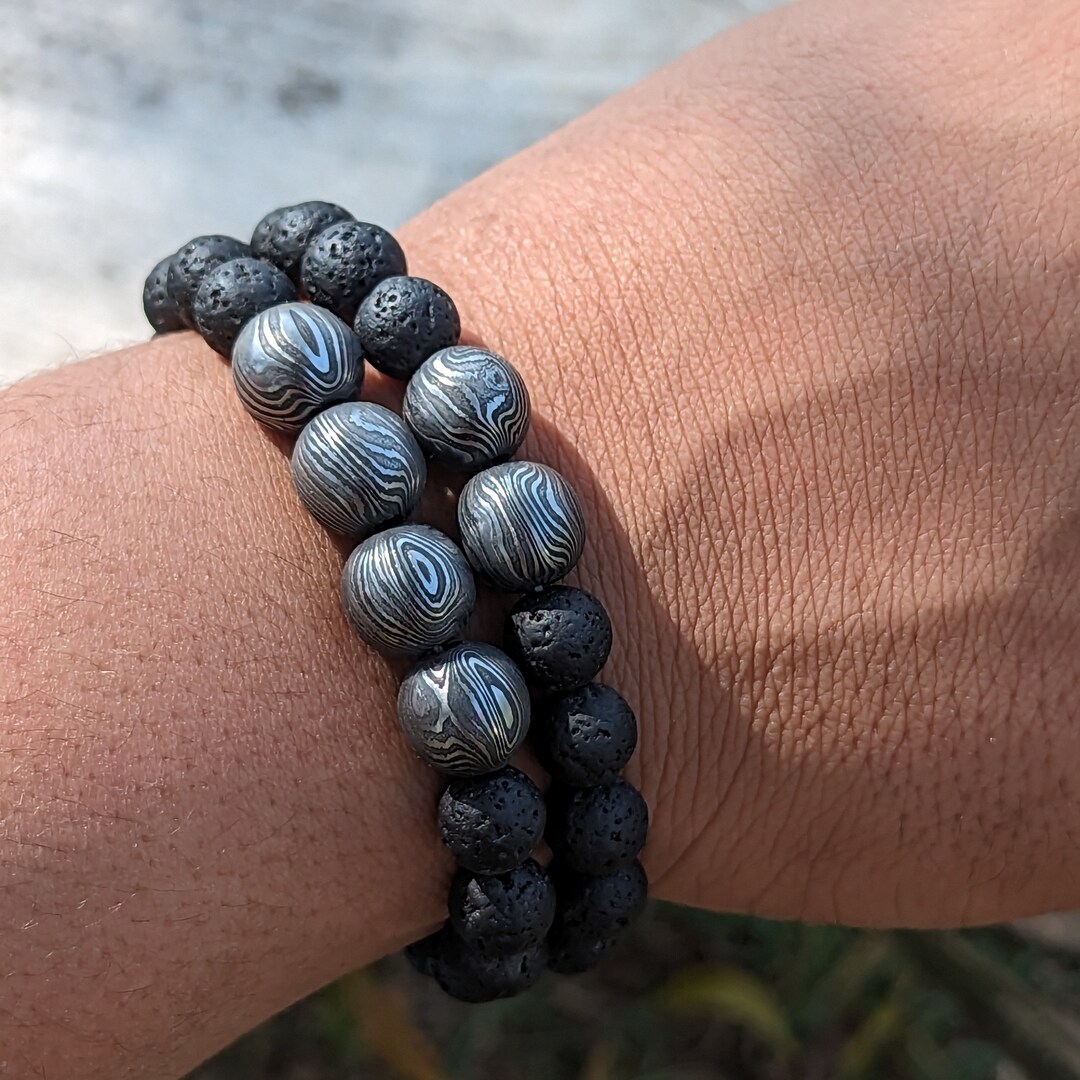 Damascus and Lava Stone Beads Bracelet, Bracelet for Men Elastic ...