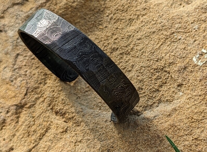 Handmade Black Damascus Steel Bracelet: Forged Indent Cuff, 15mm - Etsy